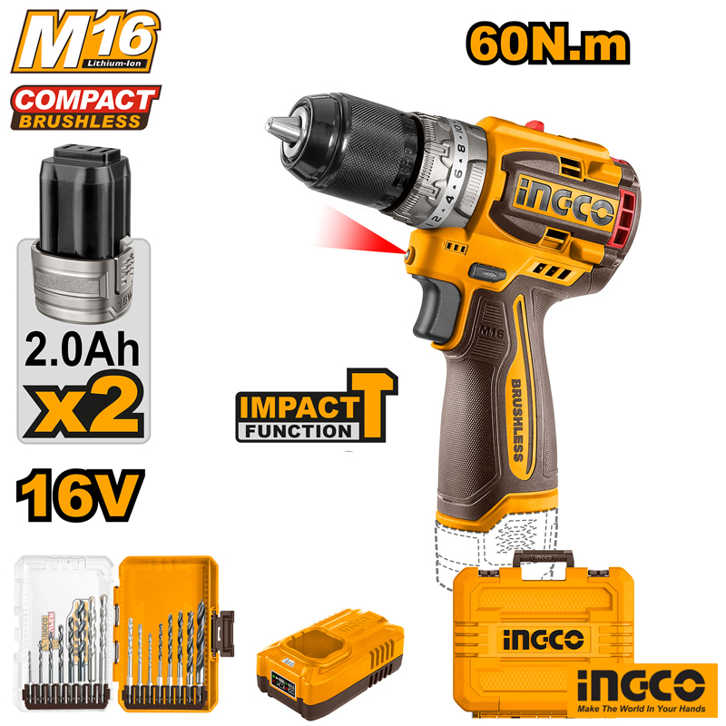 INGCO Cordless Brushless Impact Drill 16V | Tool.lk